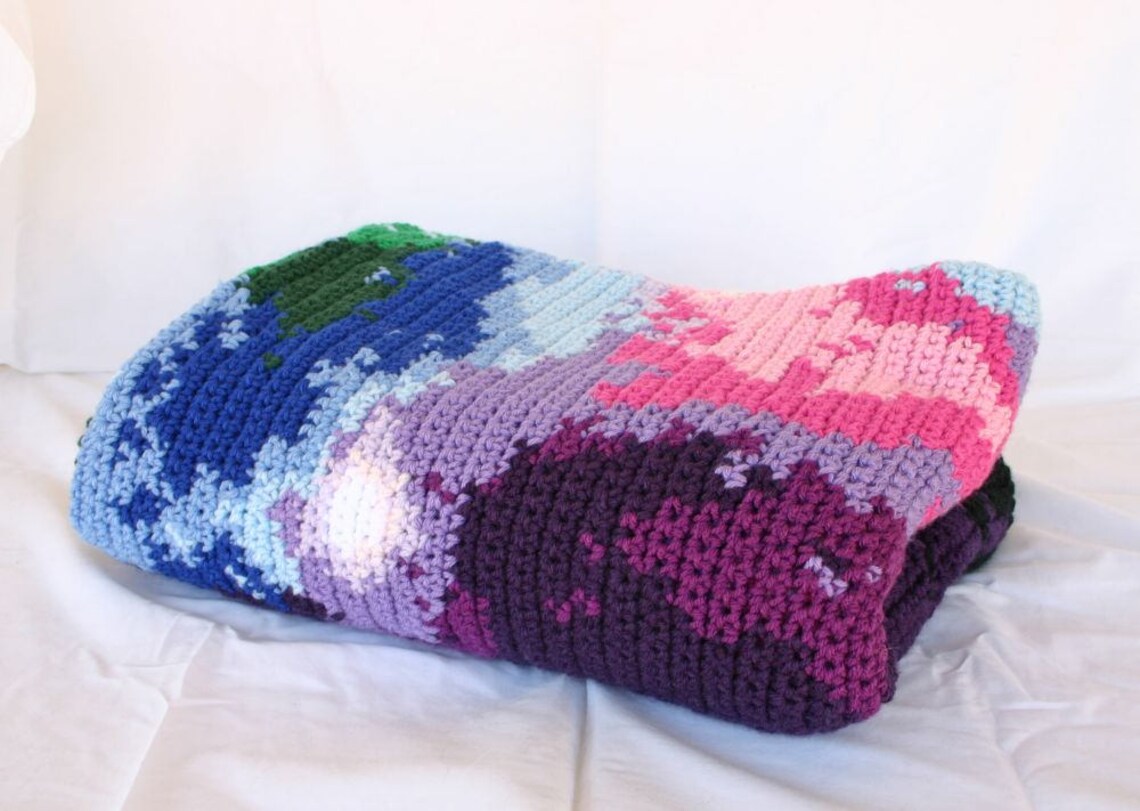 Crochet Afghan Nebula Throw Green Blue Pink Purple Black White Couch ...