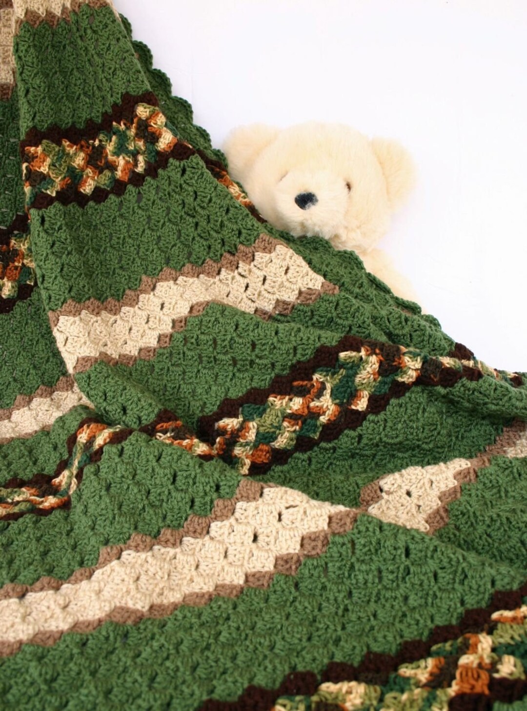 Crochet Afghan Green Brown Throw Diagonal Striped Blanket Lap Couch ...