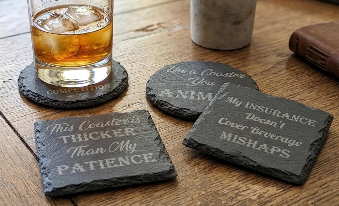 Engraved Slate Coaster Set, Rustic Bar Decor, Funny Joke Drink Coasters ...