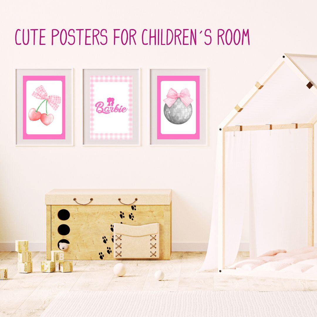 Cute Pink Barbie Bows Wall Art Set of 3, Preppy Poster, College ...