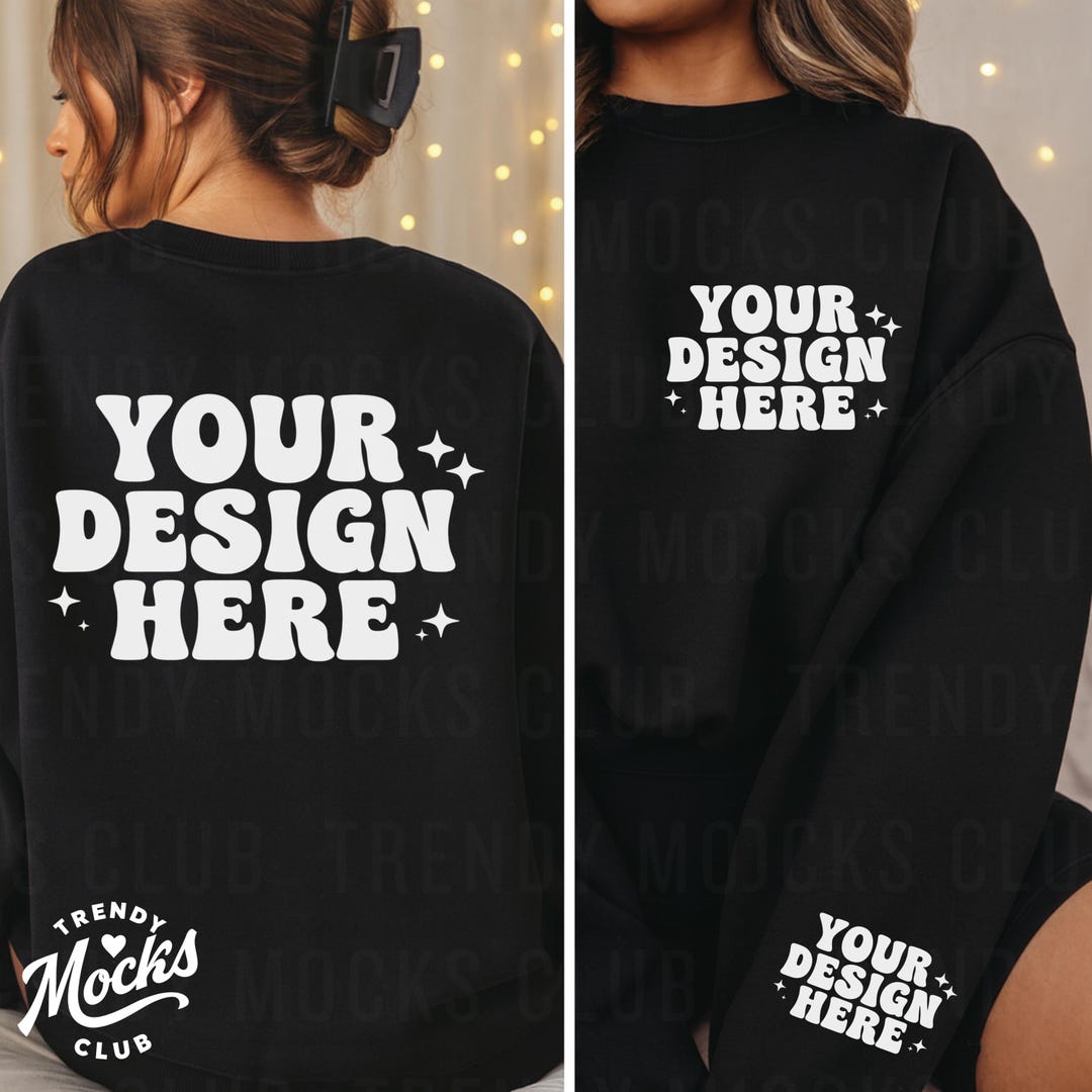 Gildan 18000 Black Sweatshirt Front & Back View Mockup Front Pocket ...