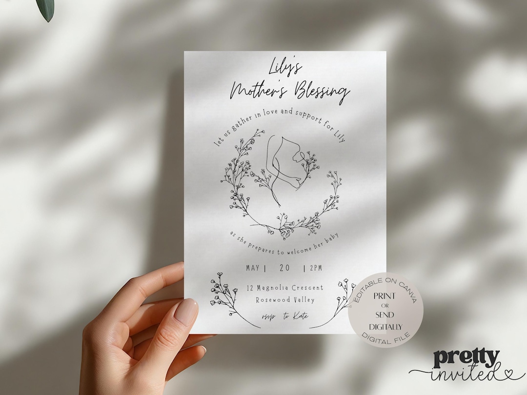 Mother's Blessing Invitation Template, Boho Floral Line Art (canva) - Etsy