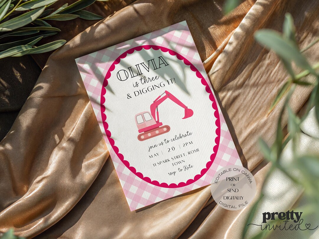 Pink Digger Birthday Invitation Girl Construction Party Invite Three ...