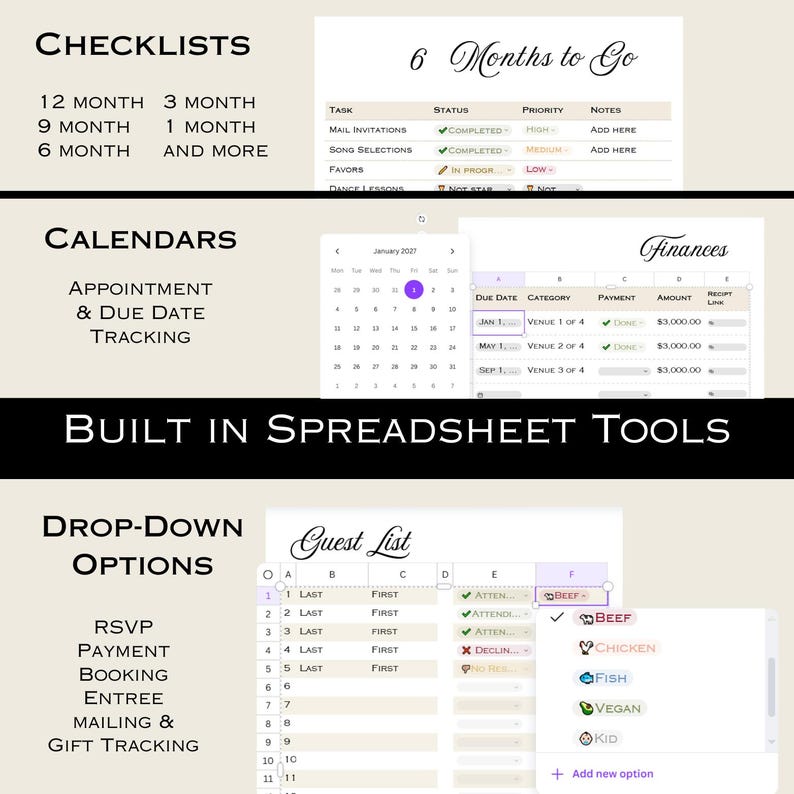 Printable Wedding Planner Template: Spreadsheet Tools, Seating Chart ...