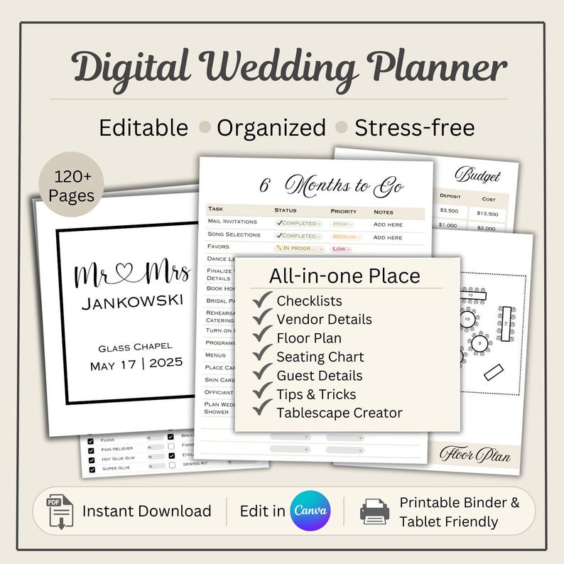 Printable Wedding Planner Template: Spreadsheet Tools, Seating Chart ...