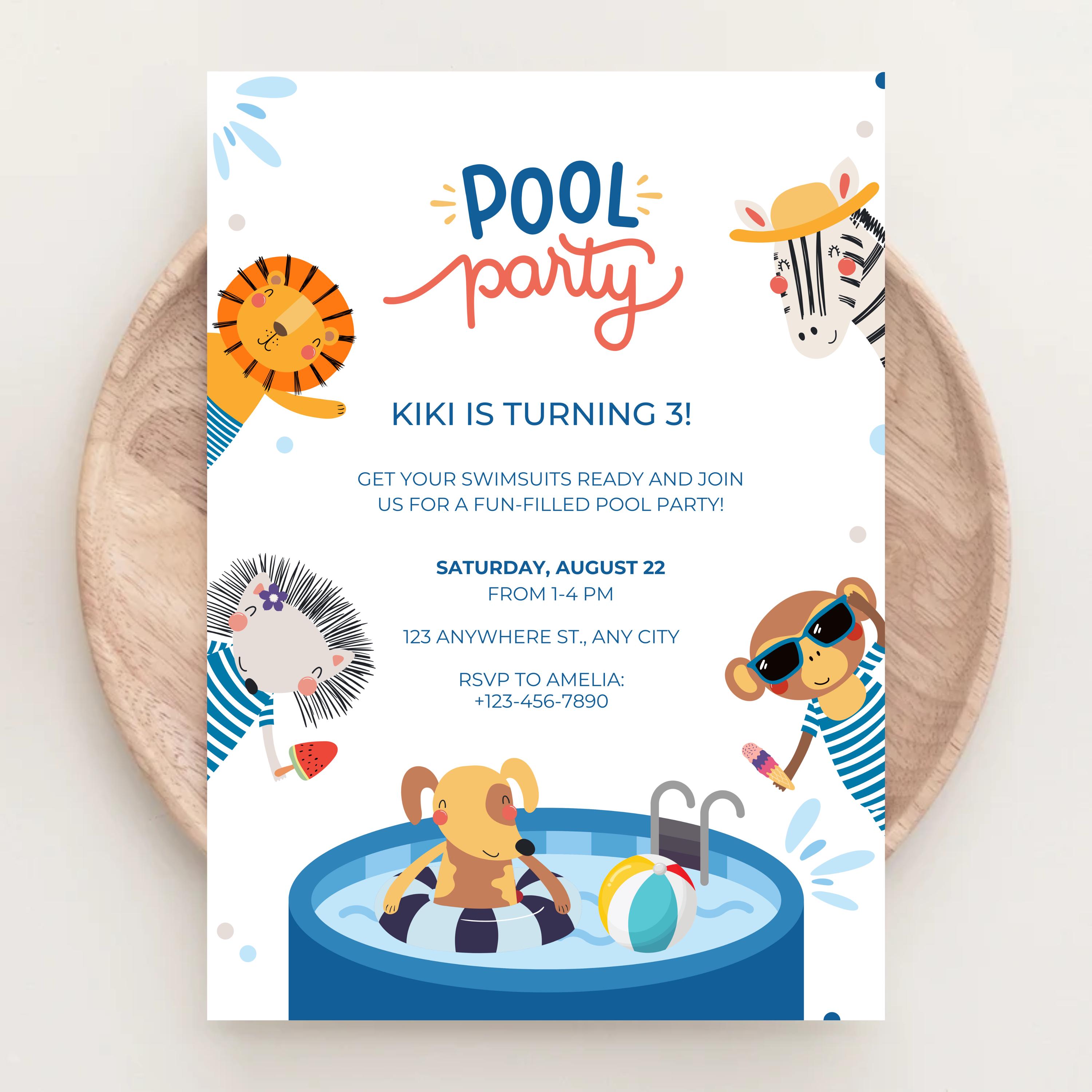 Animal Pool Party Invitation: Editable Kids Birthday Invite (digital ...