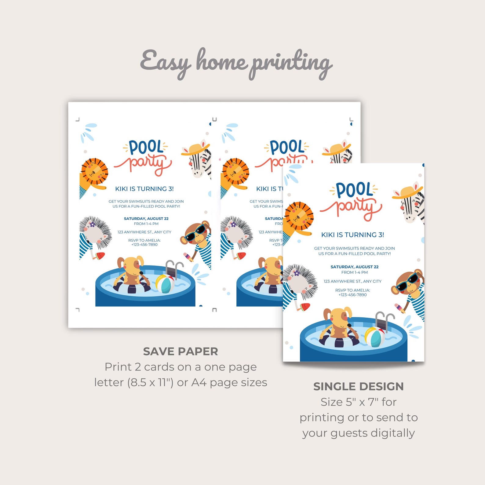 Animal Pool Party Invitation: Editable Kids Birthday Invite (digital ...