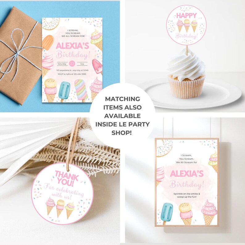 Ice Cream Birthday Cake Toppers, Set of 6 Printable Party Topper, Sweet ...