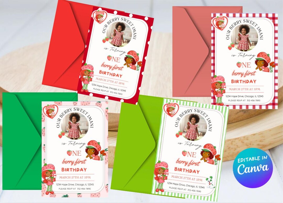 Strawberry Shortcake Birthday Invitation Announcement, 5 Invite Designs ...
