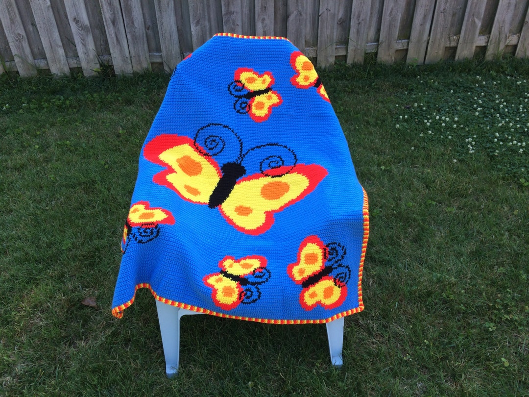 Butterfly Crochet Graph Blanket-blue, Yellow, Red Crochet Blanket-knit ...
