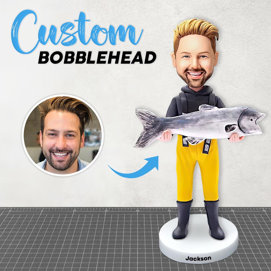 Custom Bobblehead With Yourself – Fishing Hobby Figurine With Big Catch ...