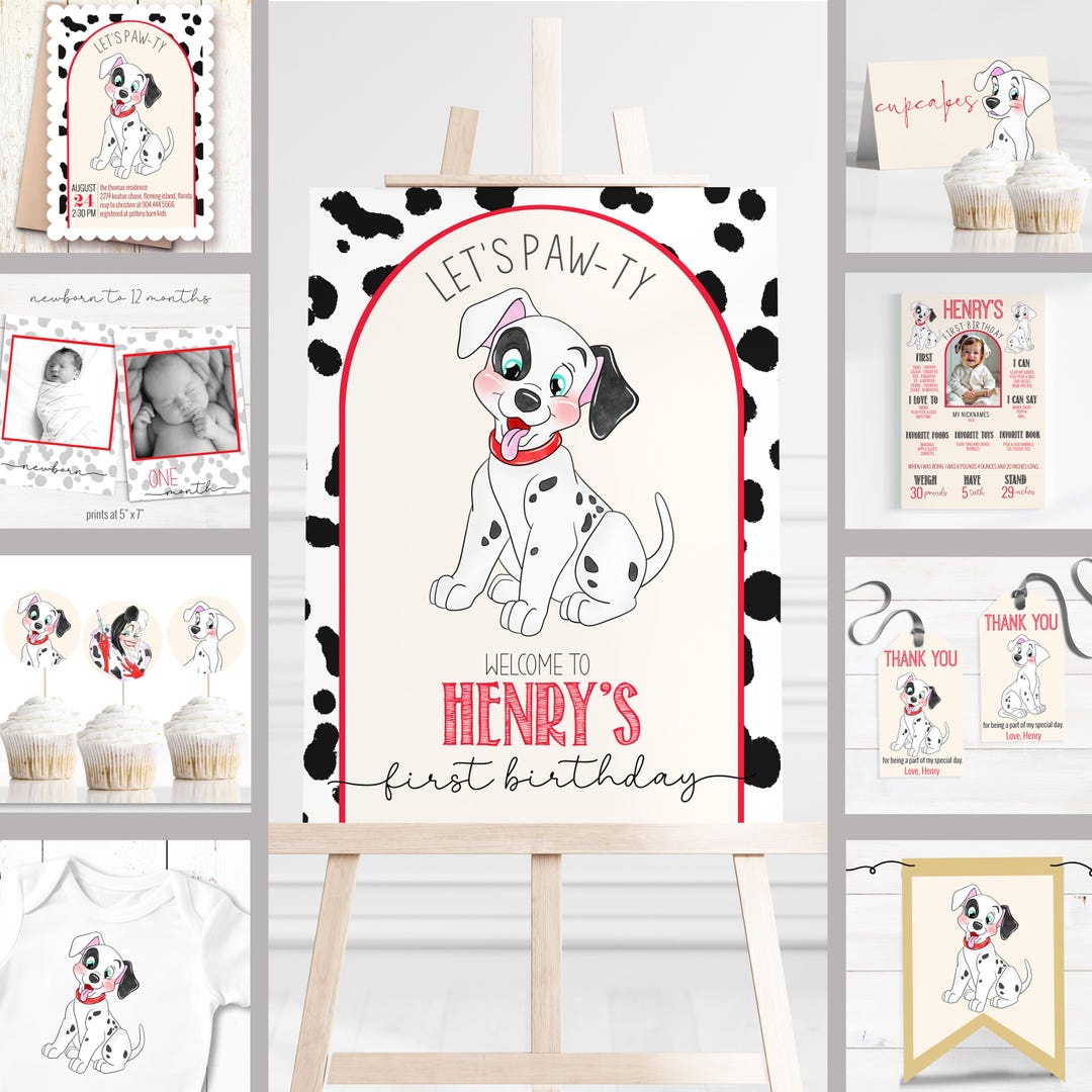 Dalmatian Puppy Birthday Party Decorations • Editable Decor Set ...