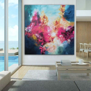 Floral Abstract Art Print, Extra Large Colorful Canvas, Navy Blue Wall ...