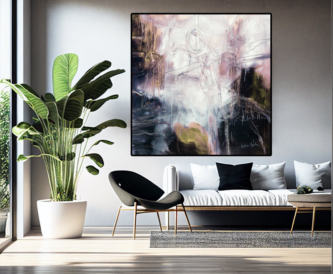 Neutral Colors Print, Soft Pink and Black Painting Print, Beige Large ...