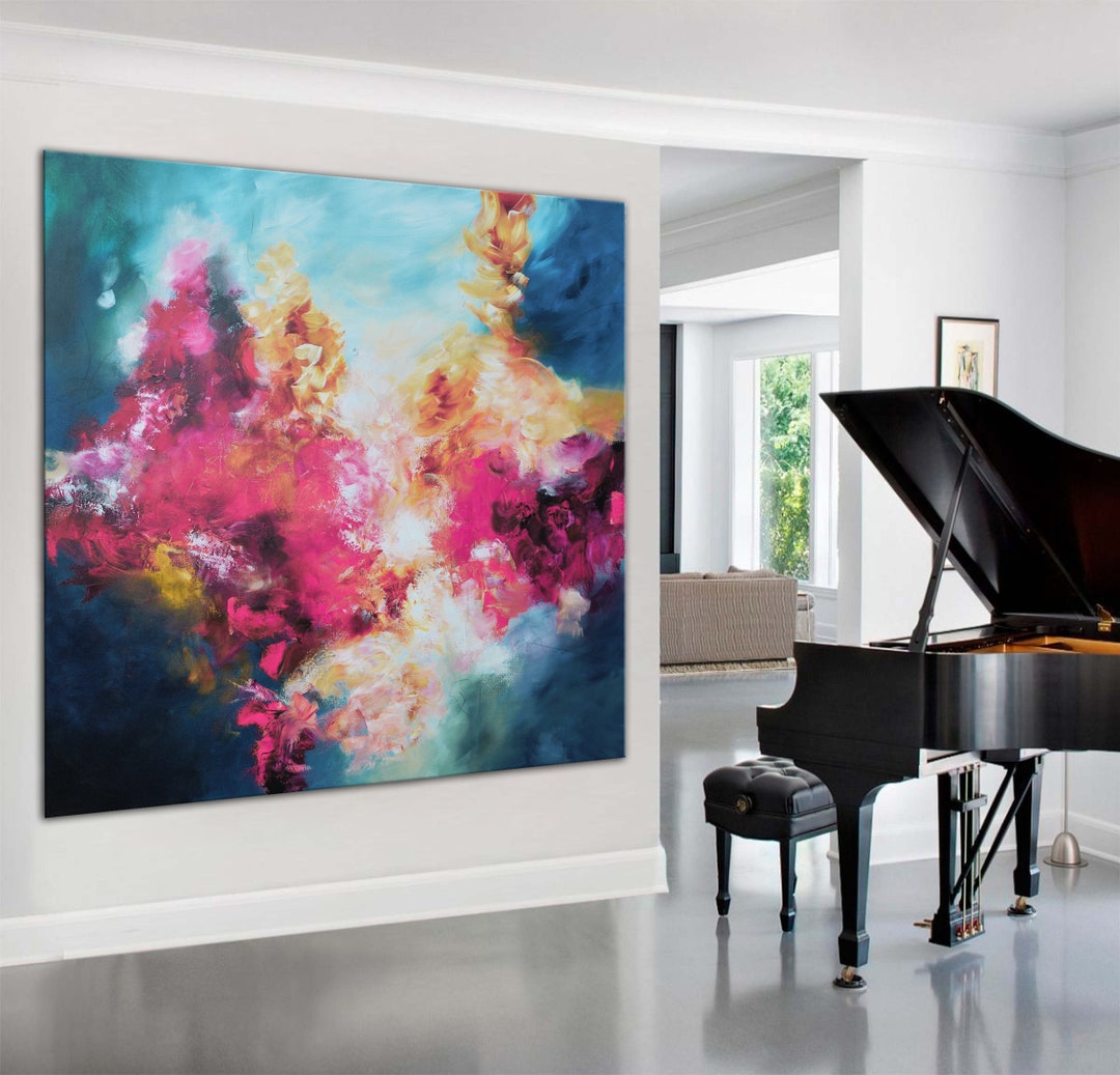 Floral Abstract Art Print, Extra Large Colorful Canvas, Navy Blue Wall ...