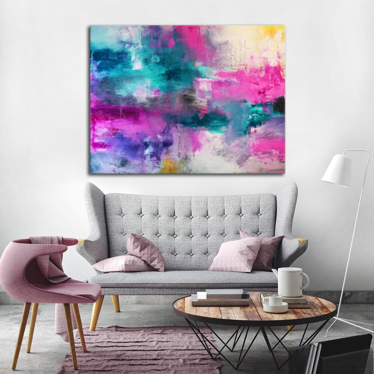 Abstract Pink Blue teal Print from original painting Large | Etsy