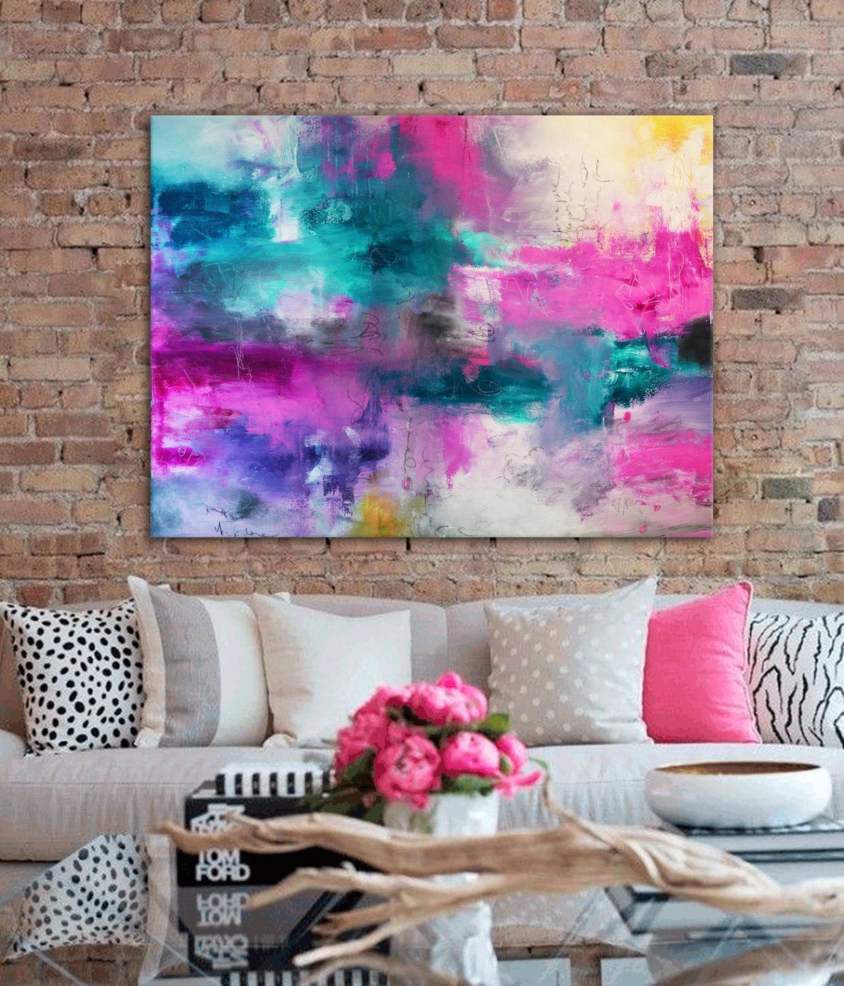 Abstract Pink Blue teal Print from original painting Large | Etsy
