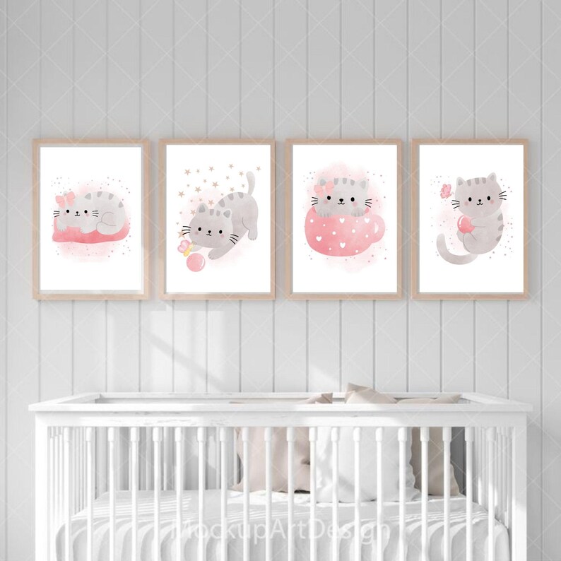Set of 4 Cat Print, Cat Wall Art, Printable Cat Art for Nursery, Grey ...
