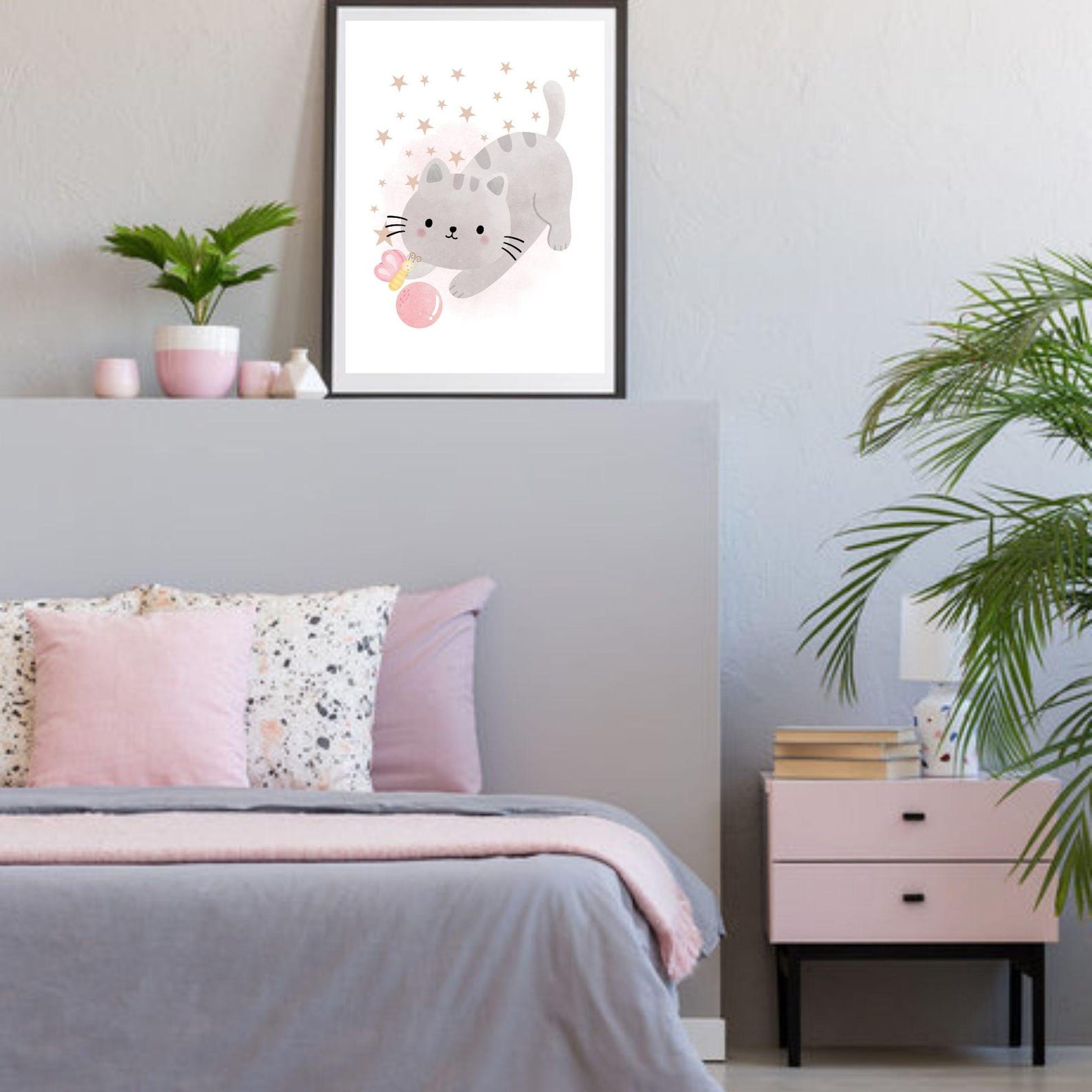 Set of 4 Cat Print, Cat Wall Art, Printable Cat Art for Nursery, Grey ...