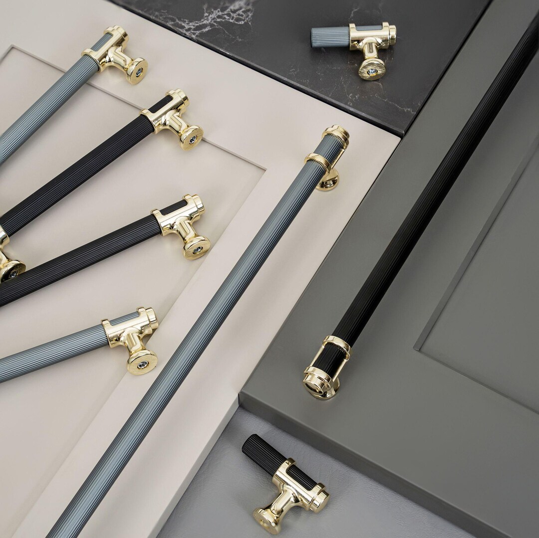 Glamline Ribbed Cabinet Handles With Gold Accents - Etsy