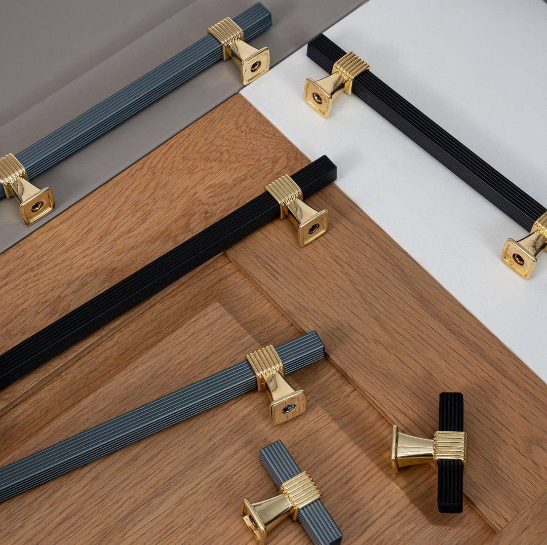 Modern Ribbed Cabinet Handles With Gold Accents - Etsy