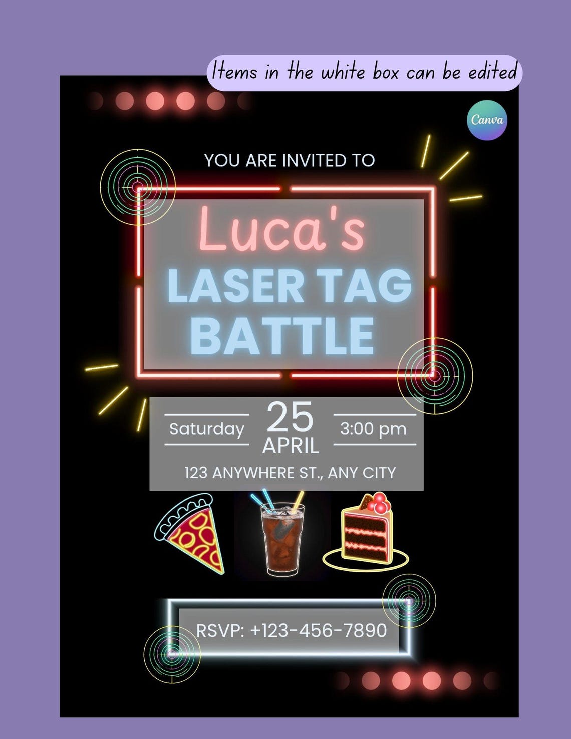 Neon Laser Tag Birthday Invitation: Editable Party Invite (instant ...