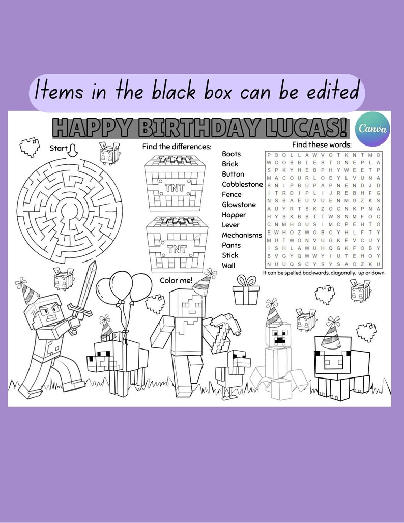 Minecraft Activity Placemat Colouring Activities for Kids Birthday ...
