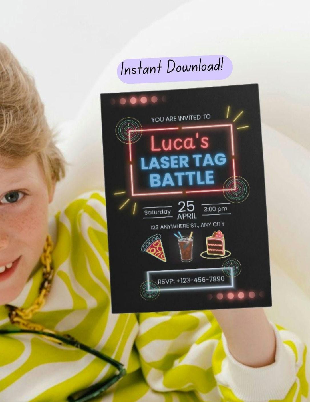 Laser Tag Birthday Invitation: Editable Birthday Party Invite Neon ...
