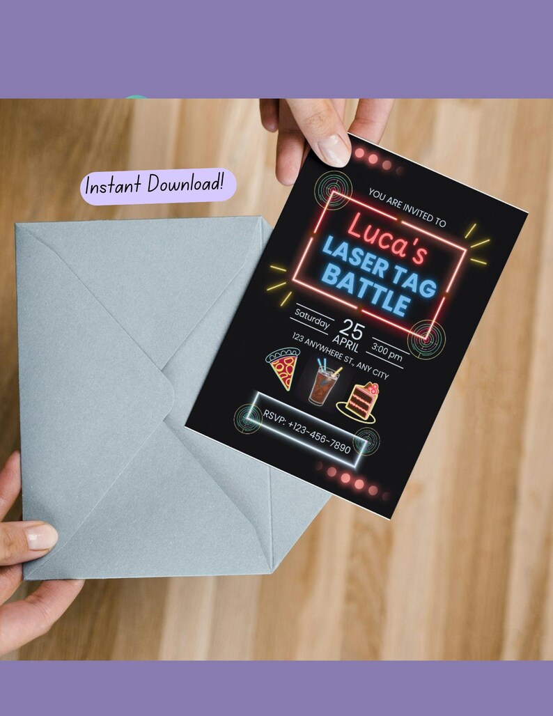 Laser Tag Birthday Invitation: Editable Birthday Party Invite Neon ...