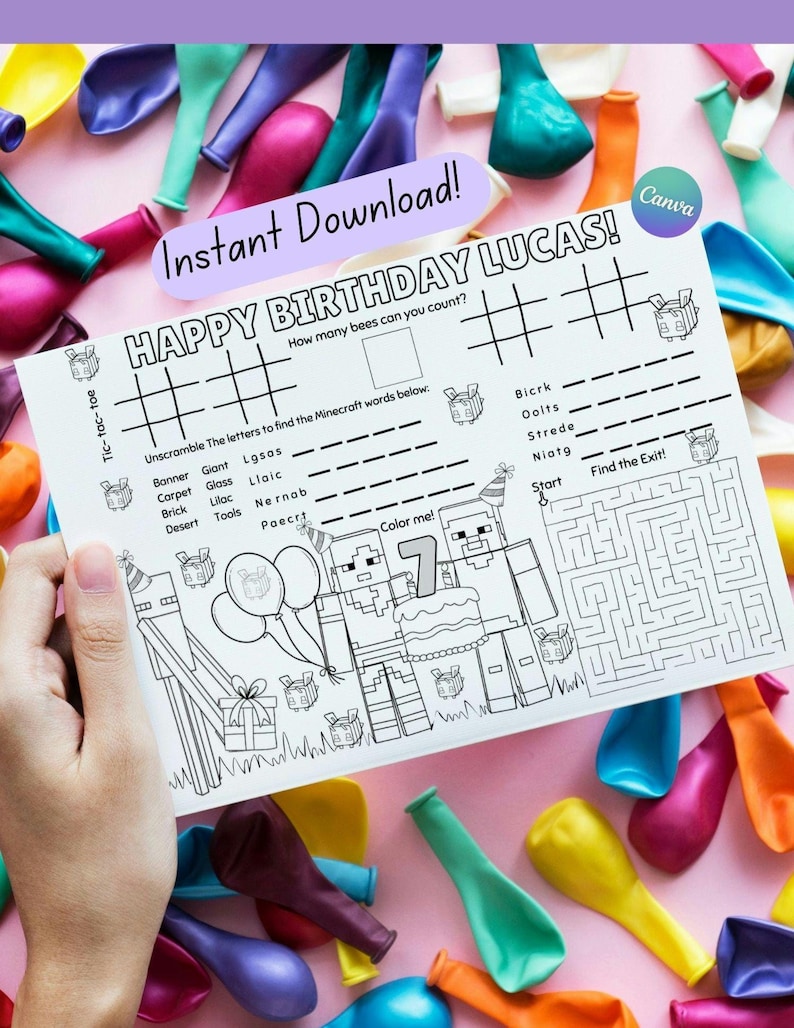 Minecraft Activity Placemat Colouring Activities for Kids Birthday ...