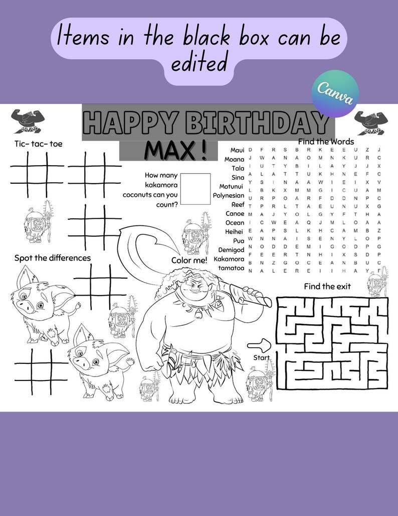 Maui Moana Activity Placemat Colouring Activity for Children's Birthday ...