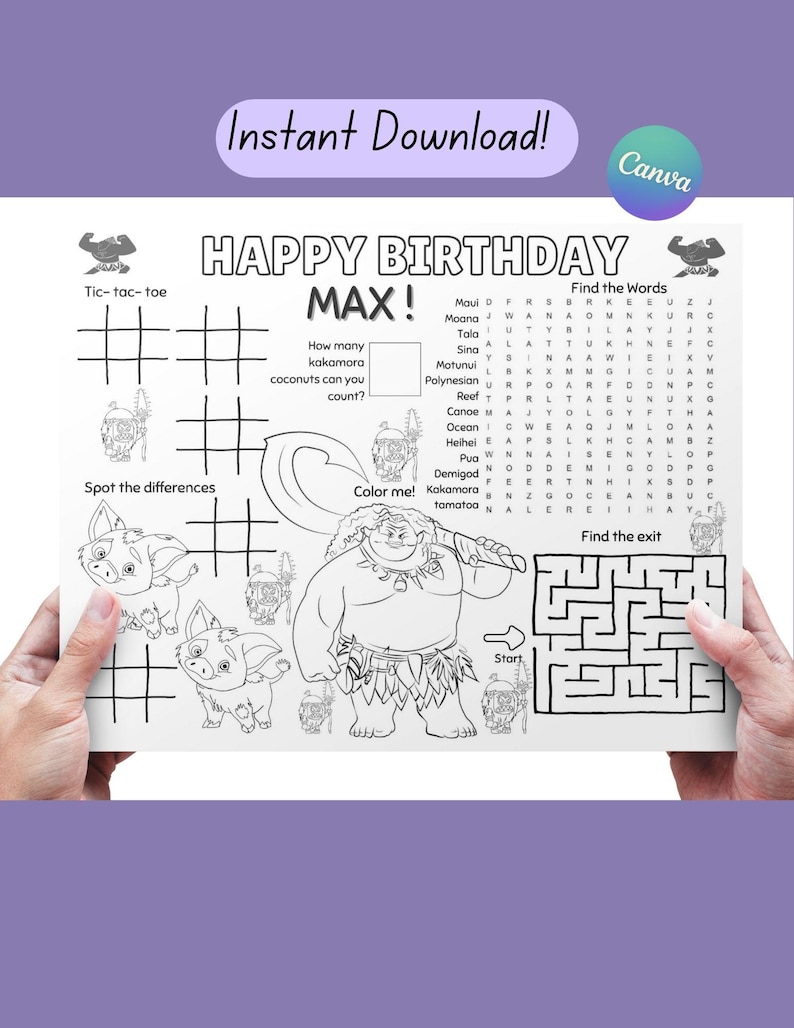 Maui Moana Activity Placemat Colouring Activity for Children's Birthday ...