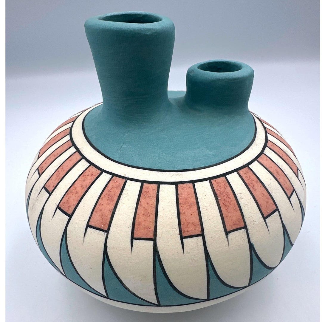 VTG Native American AZ Navajo Etched Squat Vase With Double Spouts 4.75 ...