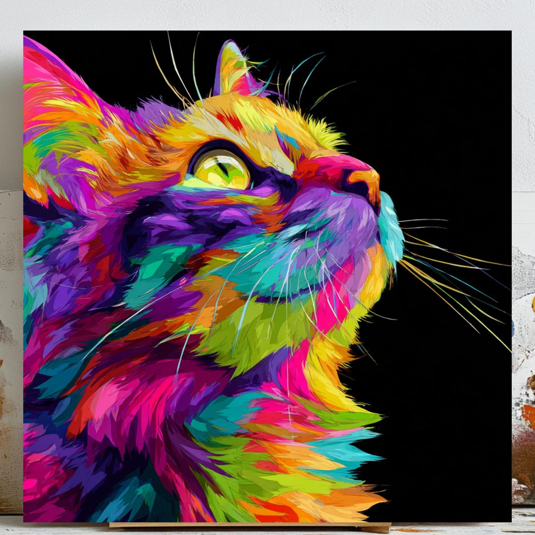 Colorful Cat Wall Art, Canvas or Poster, Abstract Pet Decor, Modern Pop ...
