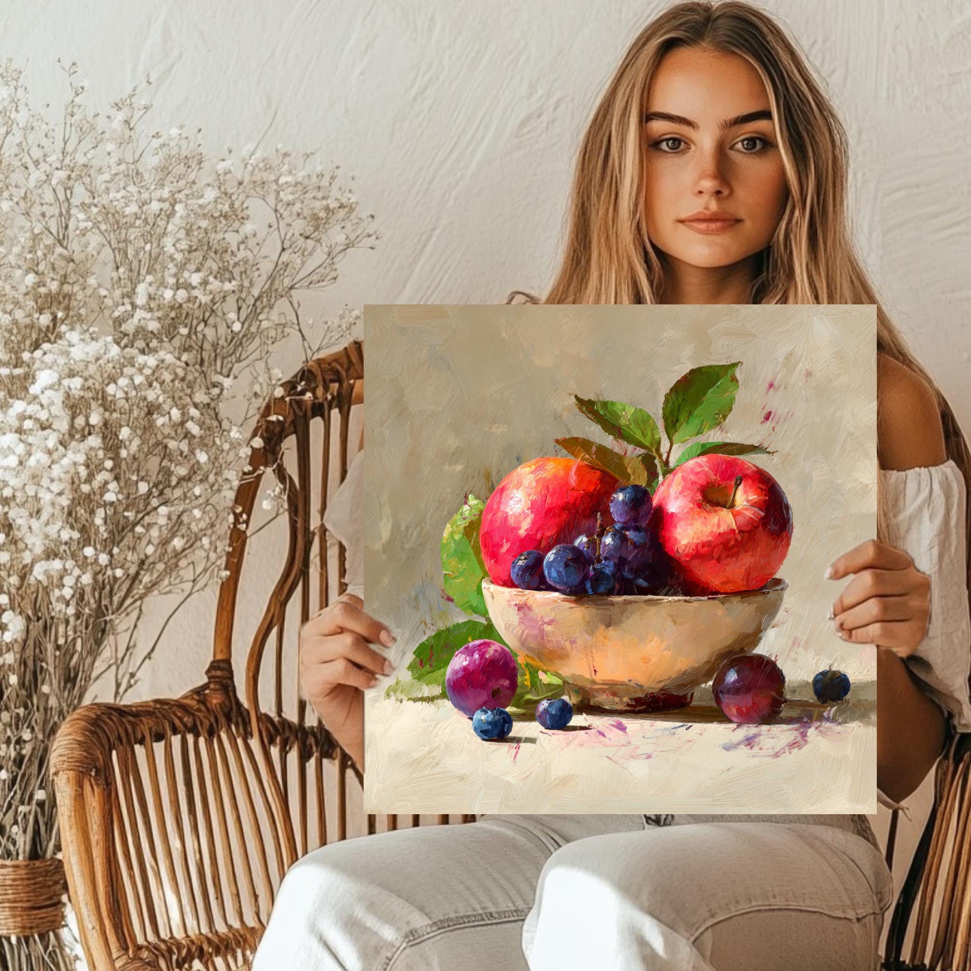 Vintage Fruit Bowl Still Life Painting: Kitchen Wall Art, Framed Canvas ...