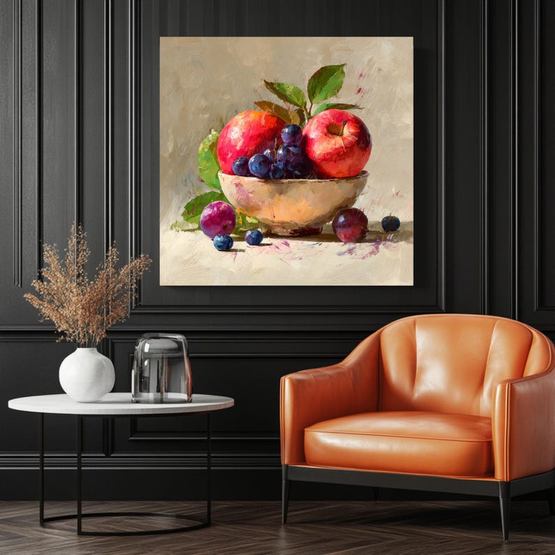 Vintage Fruit Bowl Still Life Painting: Kitchen Wall Art, Framed Canvas ...