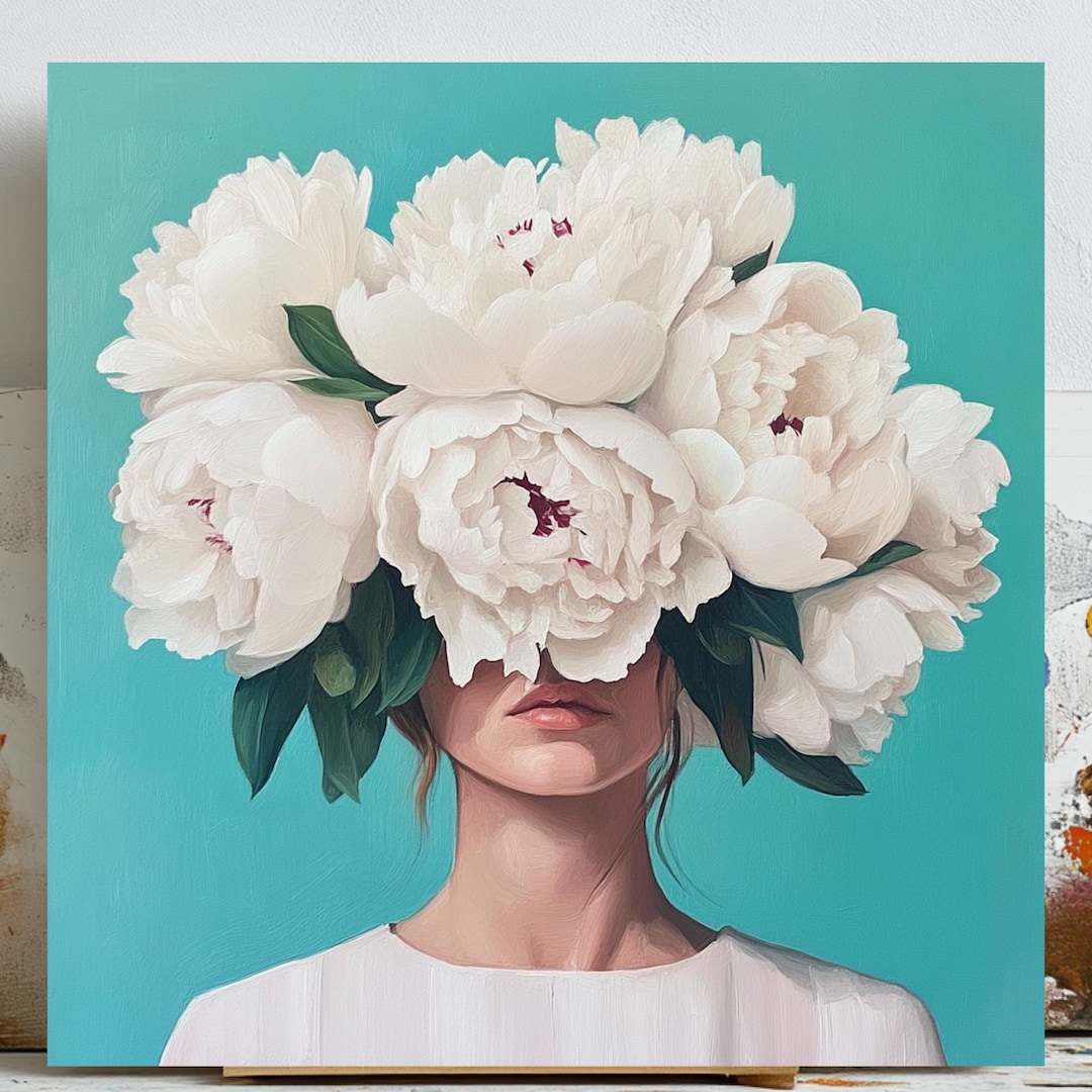 Floral Woman Portrait, Canvas or Poster, White Peony Wall Art, Modern ...