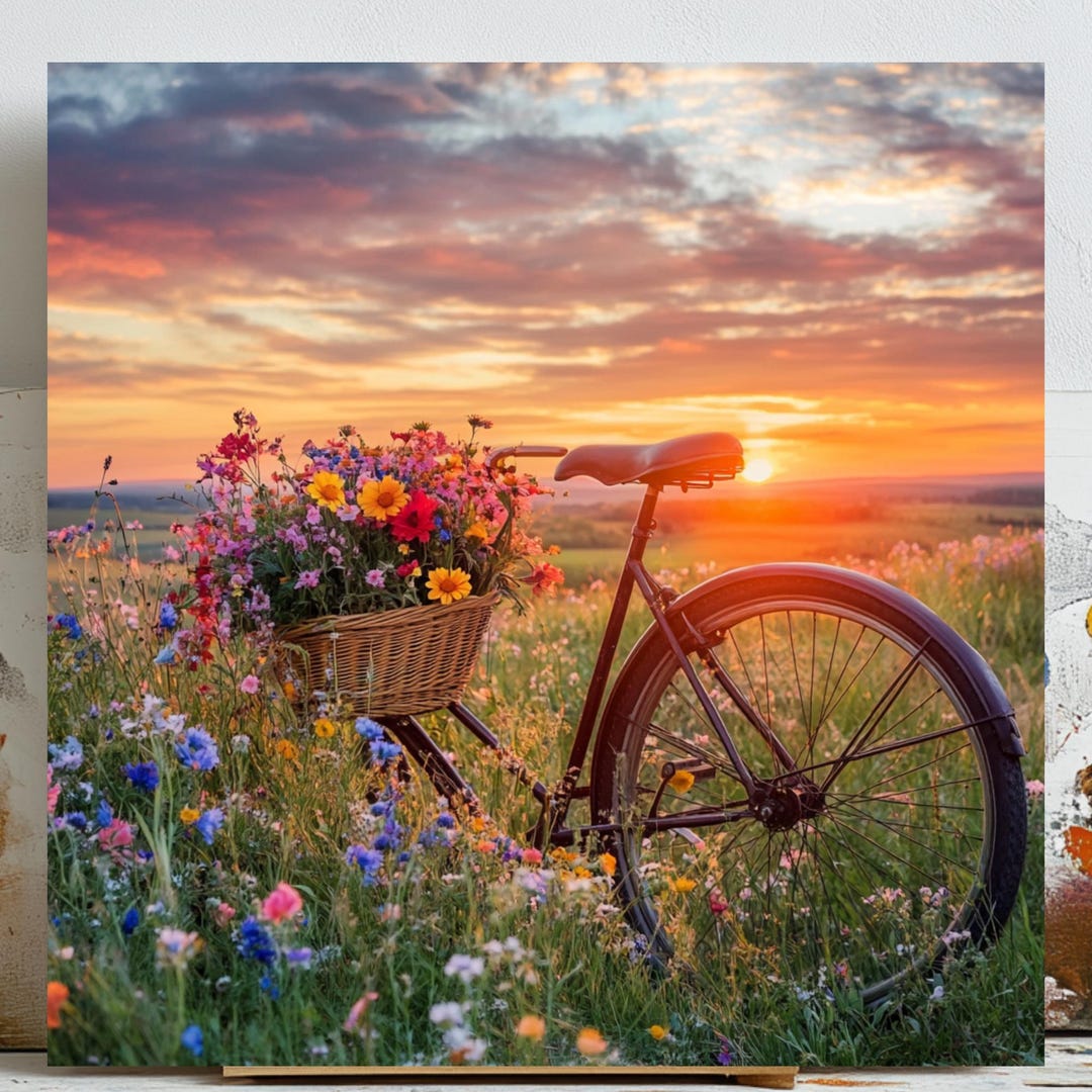 Bicycle Wall Art, Poster or Canvas, Floral Basket Design, Vintage Bike ...
