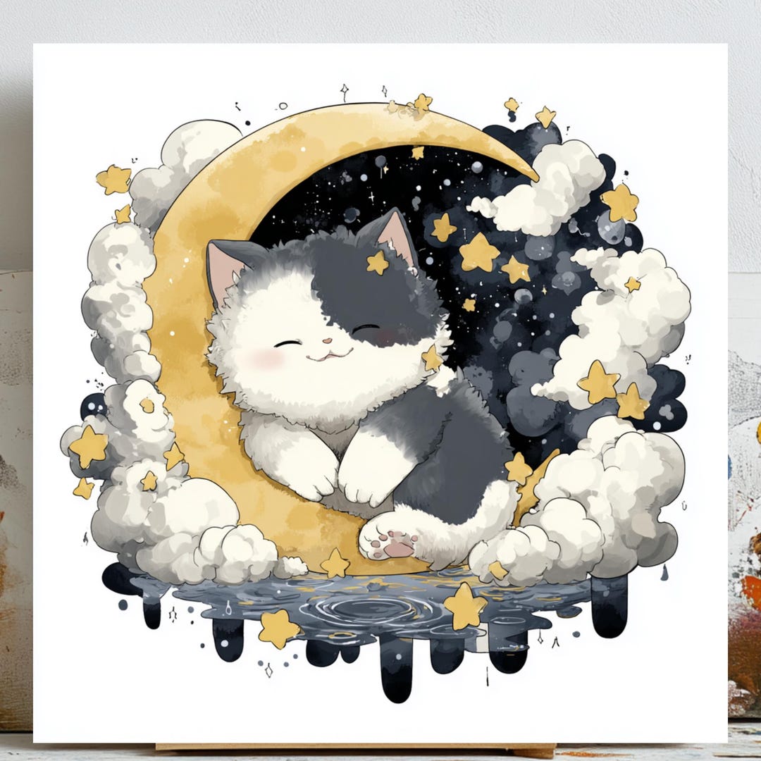 Cute Moon Cat Wall Art, Canvas or Poster, Unique Wall Decor, Nursery ...