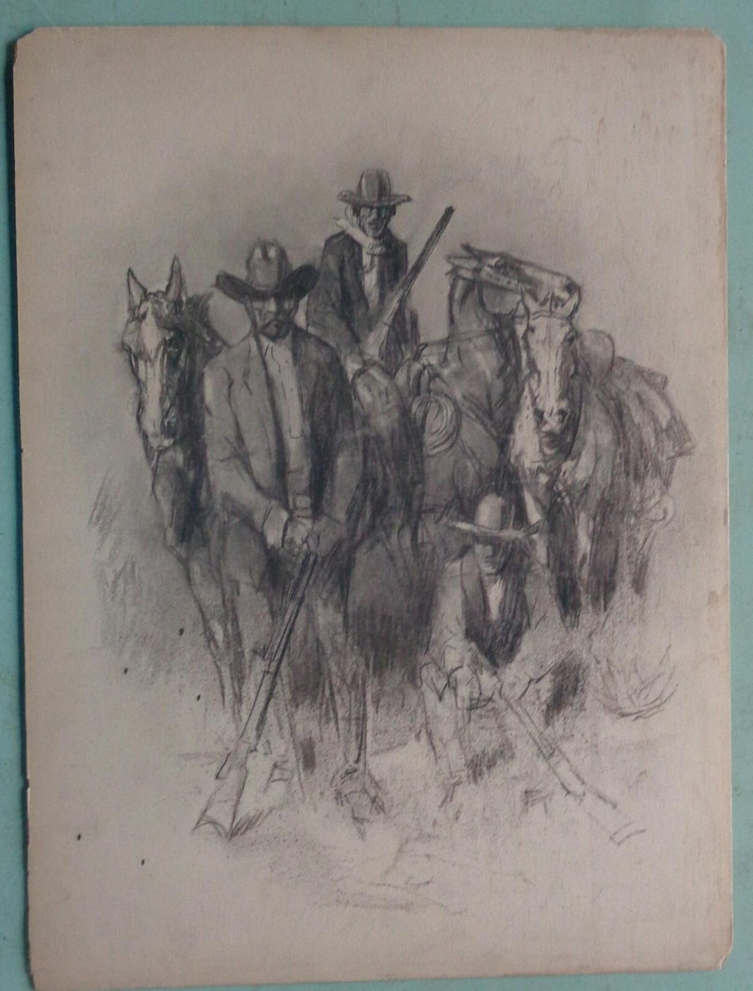 HAROLD Brown Baker Western Charcoal Drawing 'men With Horses', Alva ...