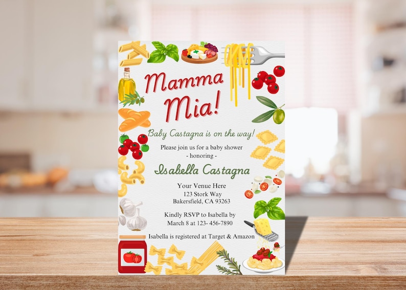 Editable Mamma Mia! Italian, Pasta Themed Baby Shower Invitation ...