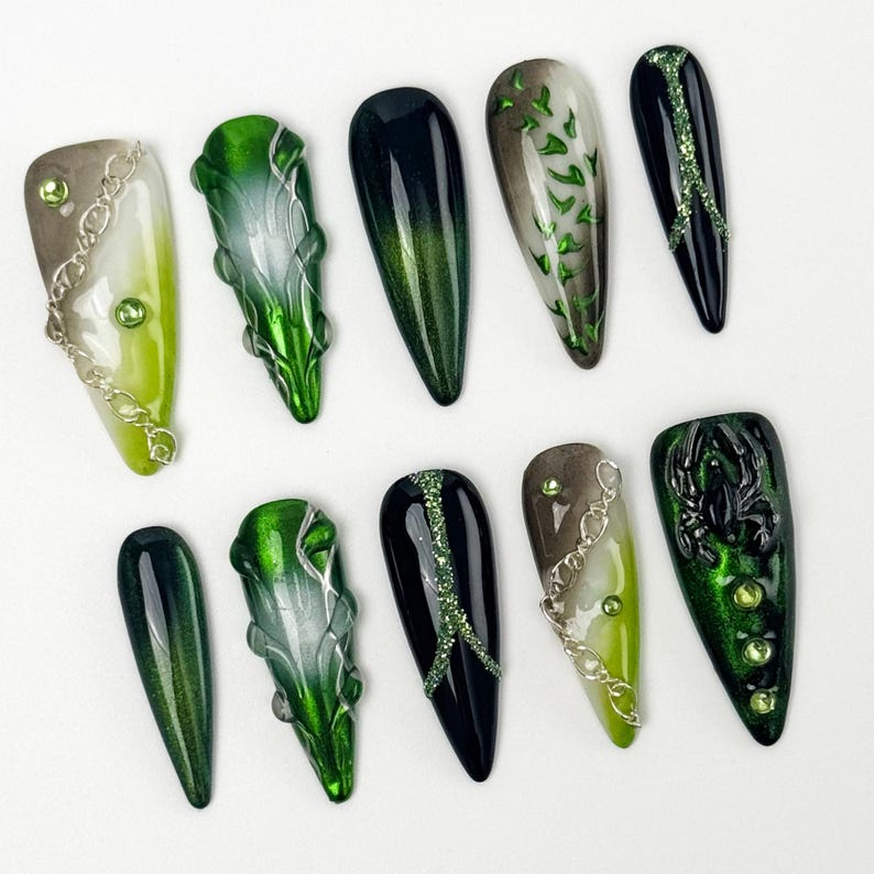 Gothic Green Press on Nails｜vine Chain Decor｜long Stiletto False Nails ...