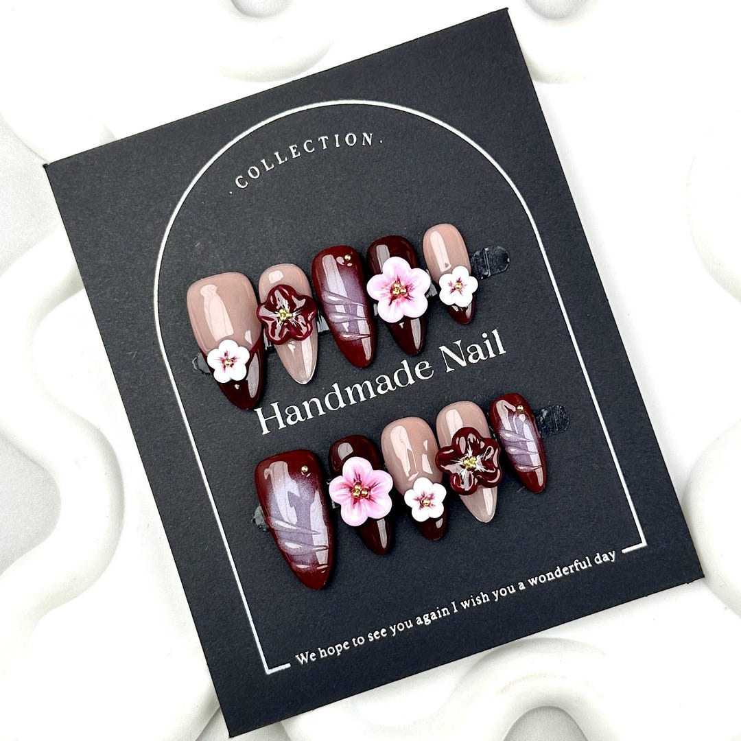 Burgundy and Beige Acrylic Nails | Floral Press on Nails | Reusable ...