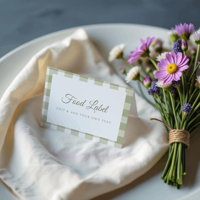Editable Sage Green Preppy Gingham Baby Shower Food Card Label | Buffet ...