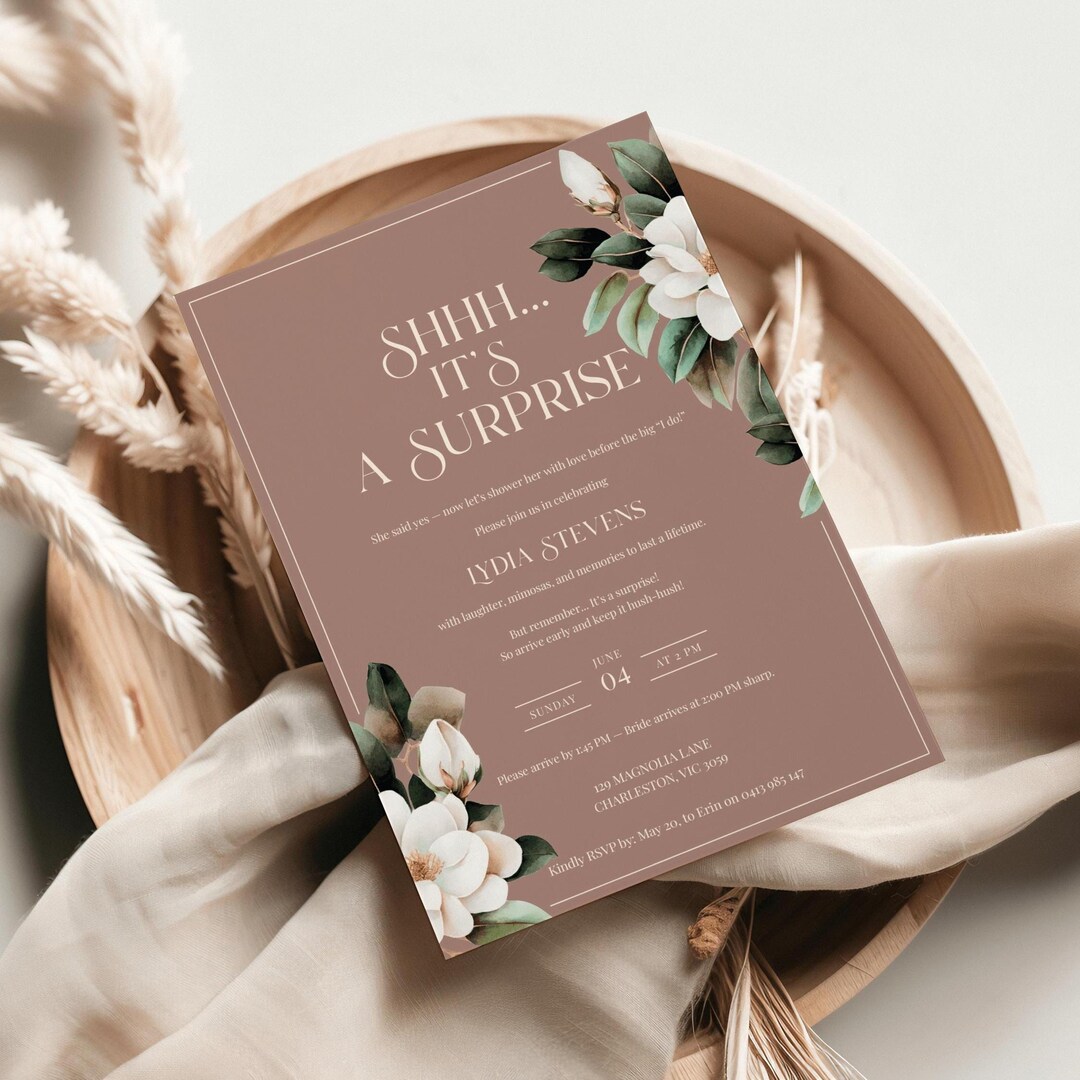 Shhh It's a Surprise Bridal Shower Invitation Template, Magnolia ...