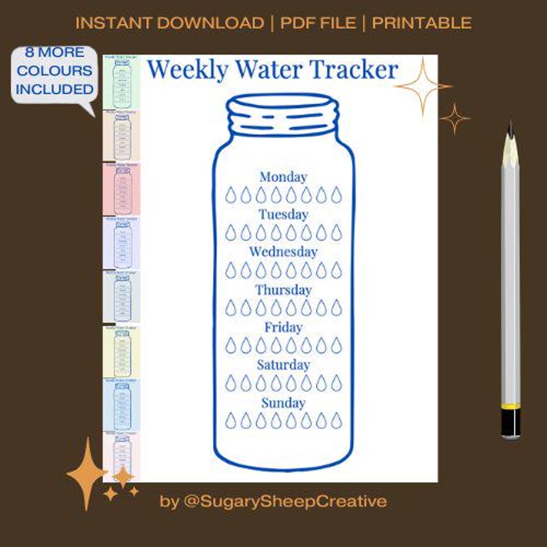 Digital Weekly Water Tracker, Hydration Tracker, Water İntake, Drink ...