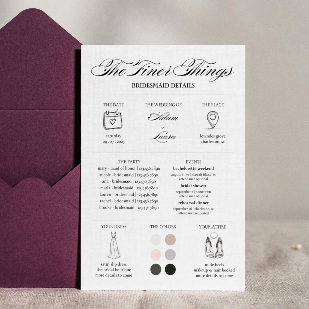 Bridal Party Info Card Template, Wedding Party Info Card, Bridesmaid ...