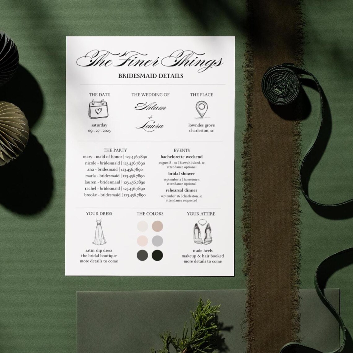 Bridal Party Info Card Template, Wedding Party Info Card, Bridesmaid ...