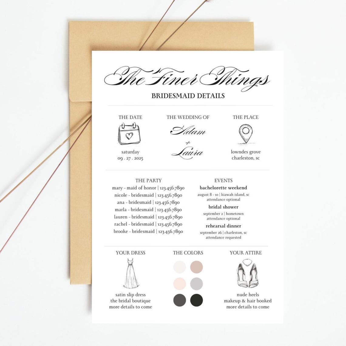 Bridal Party Info Card Template, Wedding Party Info Card, Bridesmaid ...