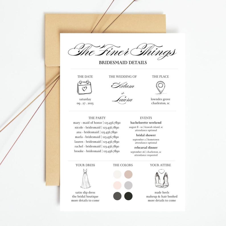 Bridal Party Info Card Template, Wedding Party Info Card, Bridesmaid ...